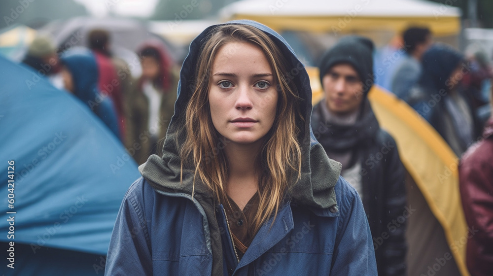 homeless and in poverty in a tent city, alone and discouraged and sad ...