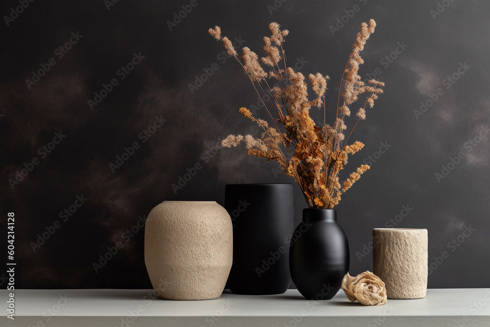 simple and delicate dried flowers and stone textures, black and dark ...