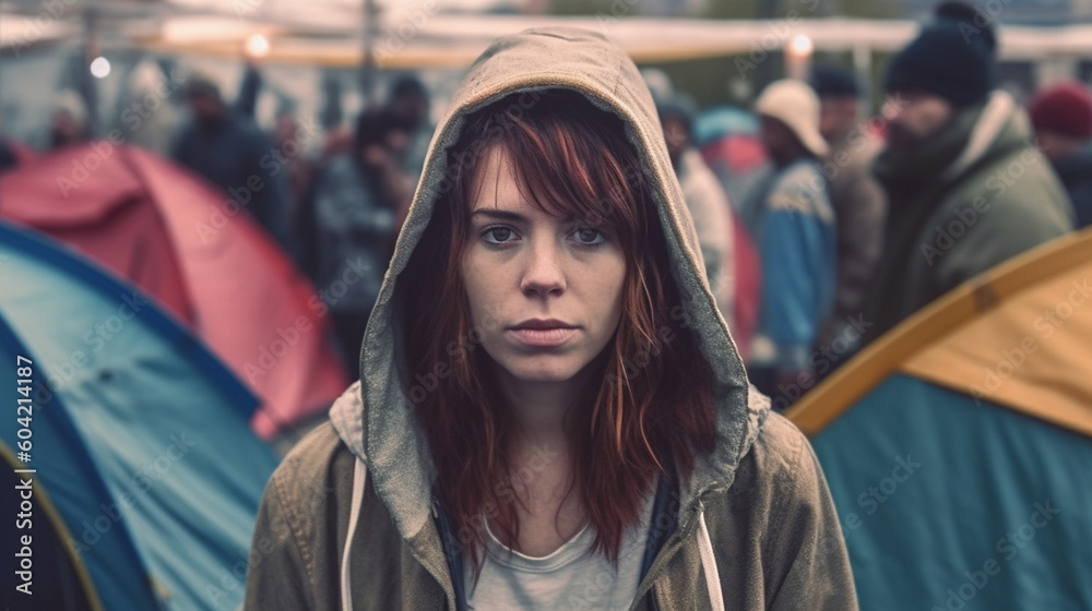 homeless and in poverty in a tent city, alone and discouraged and sad ...