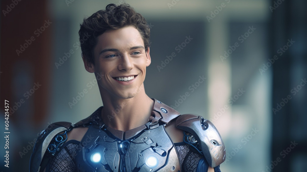 a young attractive man half-robot or a humanoid android with artificial ...