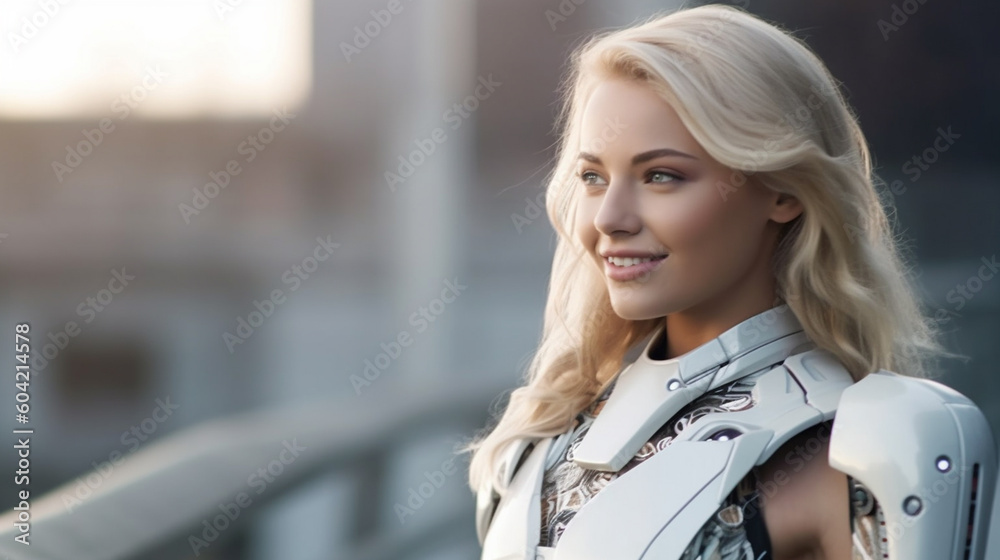 a young attractive woman half-robot or a humanoid android with ...