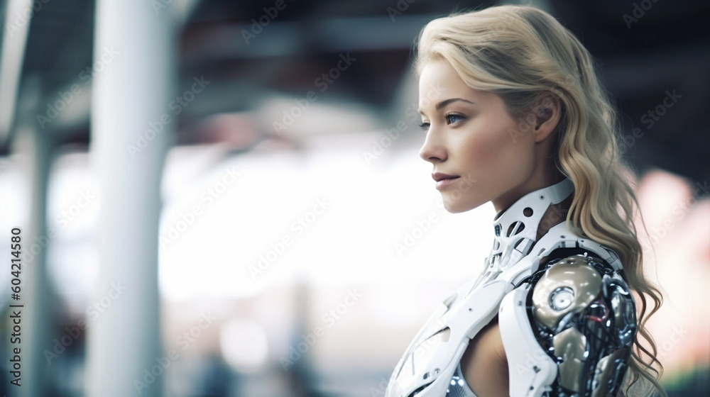 a young attractive woman half-robot or a humanoid android with ...