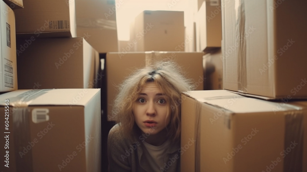Moving stress, moving boxes stacked and next to each other in the room ...