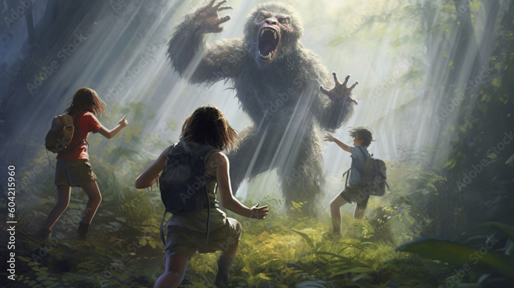 cartoon, ape-like monster hunting adventurer or vacationer, herd of ...