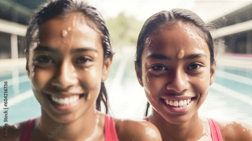young teen girls, teenager women swim together together in swimming ...