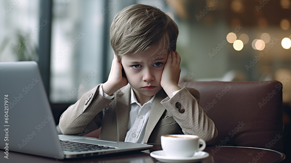 child, boy, annoyed stressed and dissatisfied, on the laptop computer ...