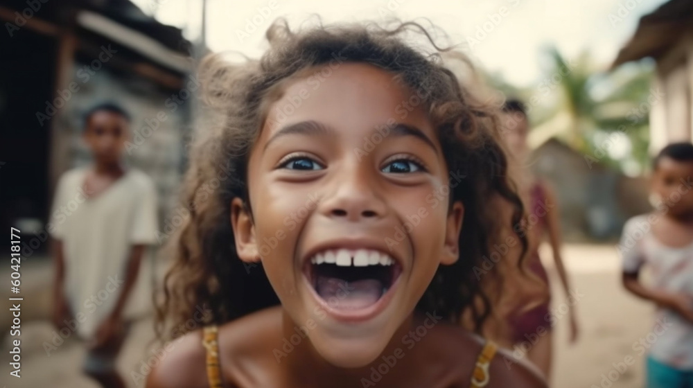 overjoyed excited nervous children, dark tanned skin color, rural area ...