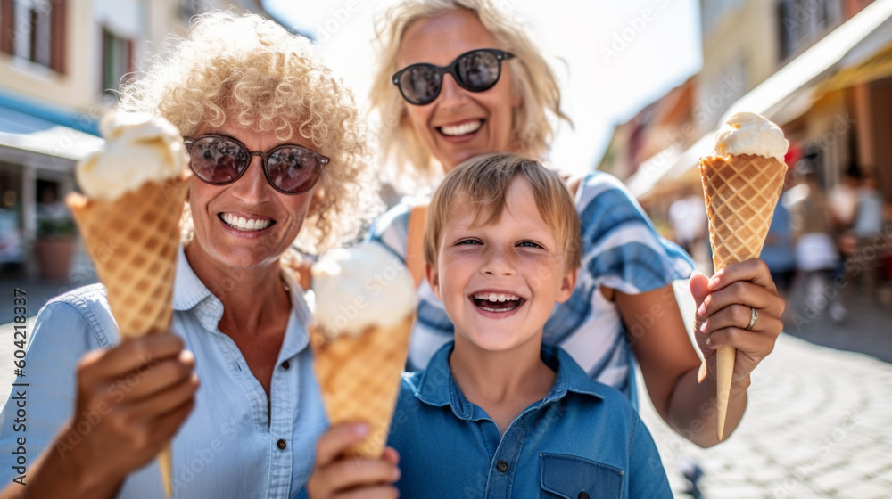 family eating ice cream, ice cream in a cone, mother with friend and ...