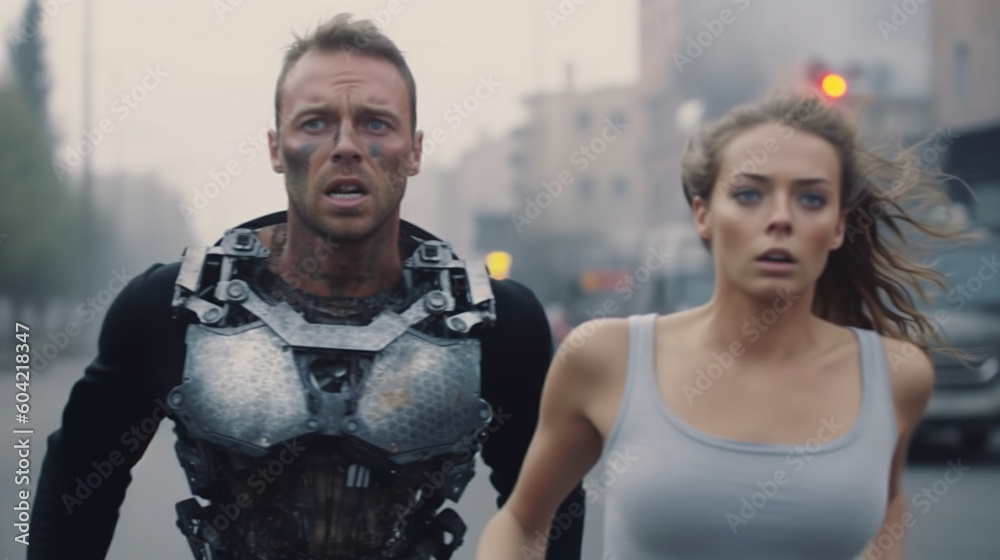 fictional event, dystopian future, man with remains of metallic robotic ...