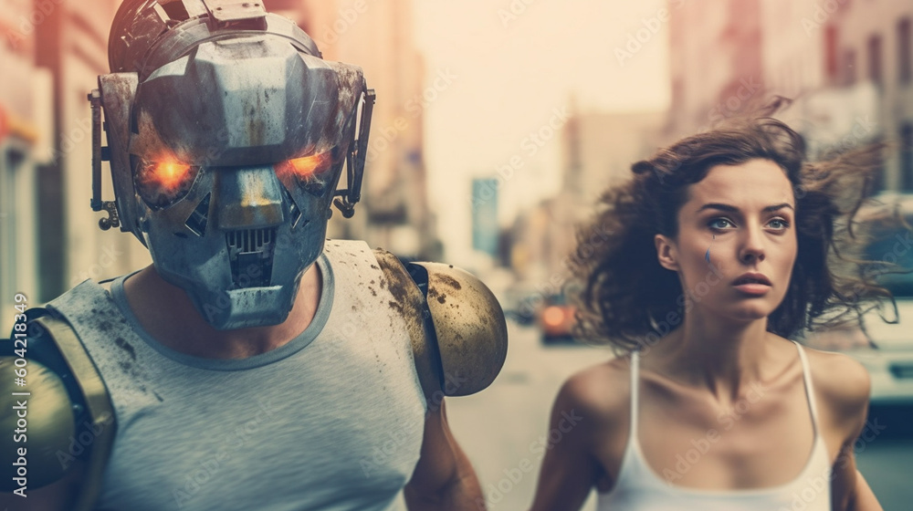 fictional event, dystopian future, man with remains of metallic robotic ...