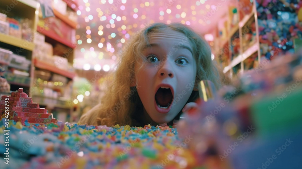 small child in an extremely positive mood, child girl in a toy shop ...