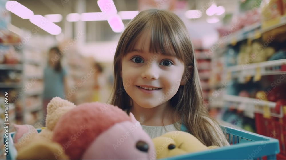 small child in an extremely positive mood, child girl in a toy shop ...