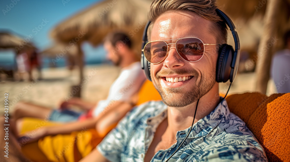 young adult man on the beach, sandy beach on summer vacation, tourists ...