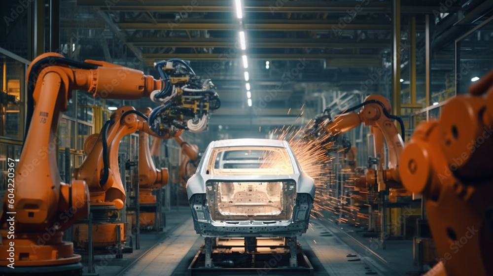 autonomous robot factory produces vehicles cars bodies in a big hall on ...