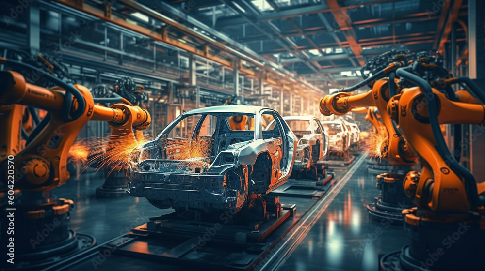 autonomous robot factory produces vehicles cars bodies in a big hall on ...