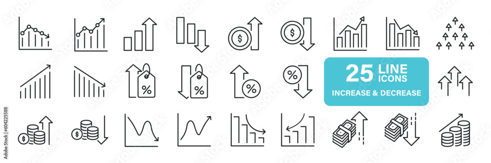 Inrease and decrease thin line icons. Editable stroke. For website marketing design, logo, app ...