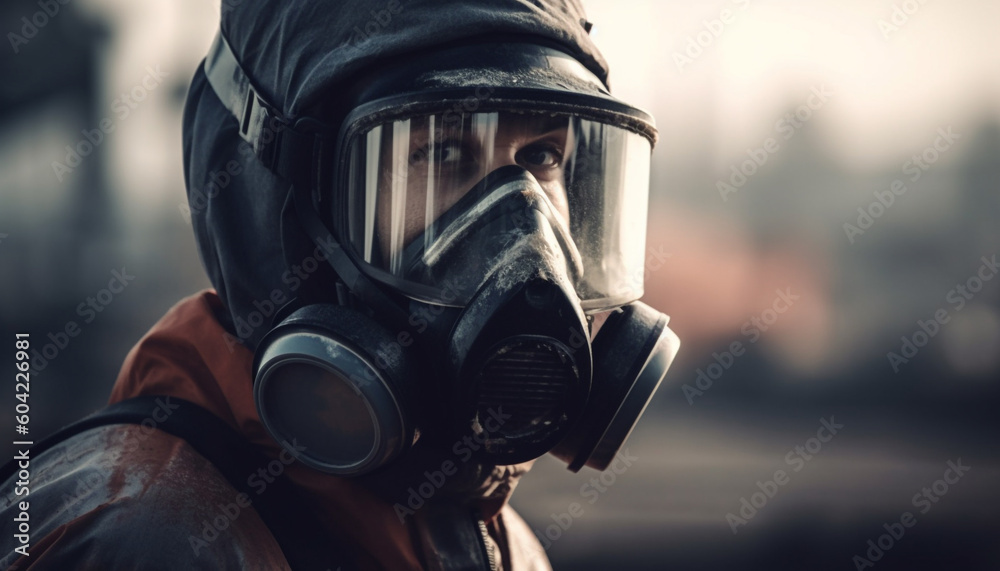 One man, armed forces, war, gas mask, pollution, danger generated by AI ...