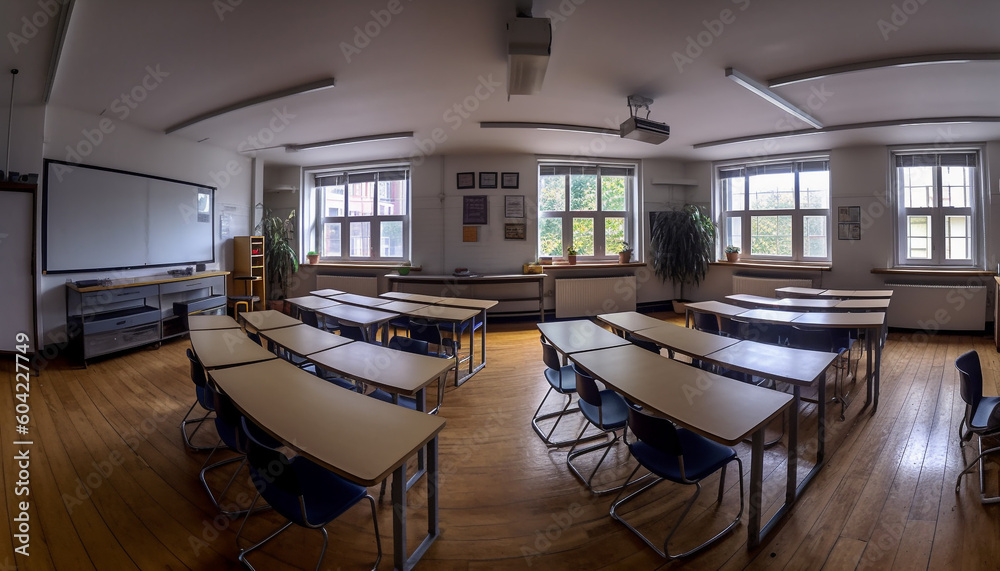 Inside a modern high school building, an empty classroom awaits ...