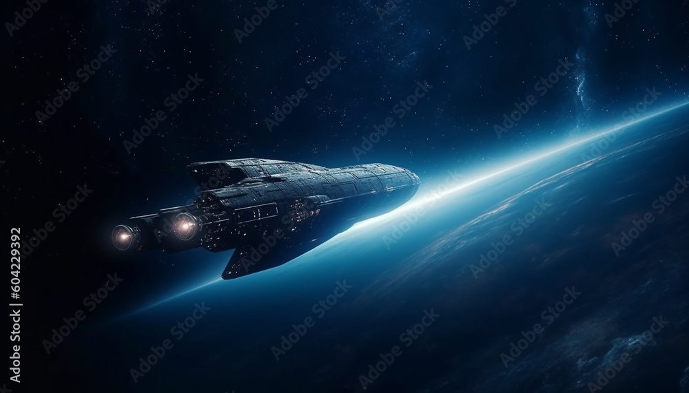 Futuristic spaceship flying through galaxy, orbiting dark nebula ...