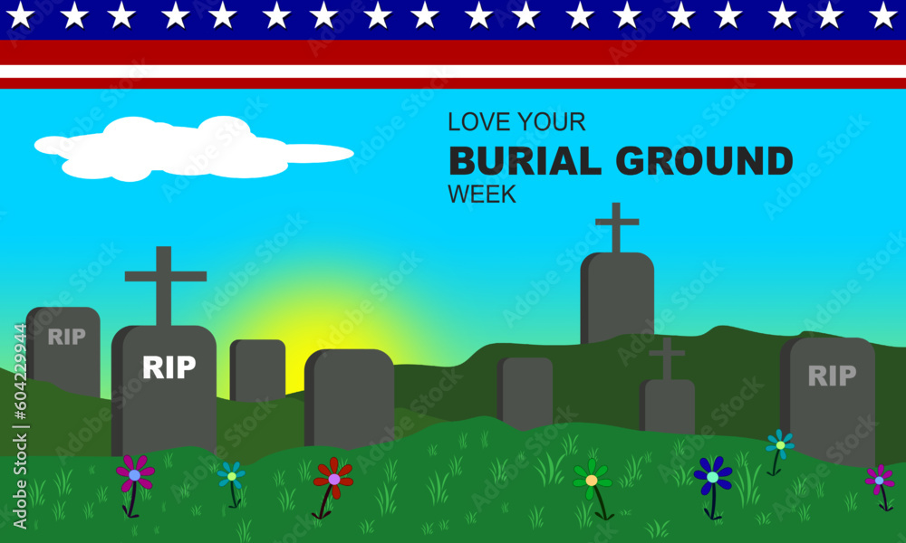 Vetor de cemetery with beautiful grass and flowers with sunny weather ...