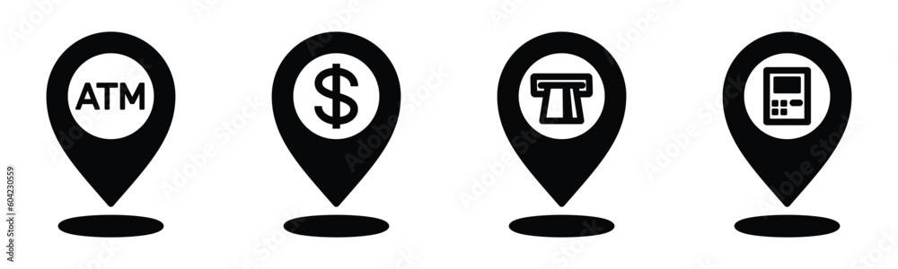 ATM location icon. Bank pin map markers icon symbol in flat style on ...
