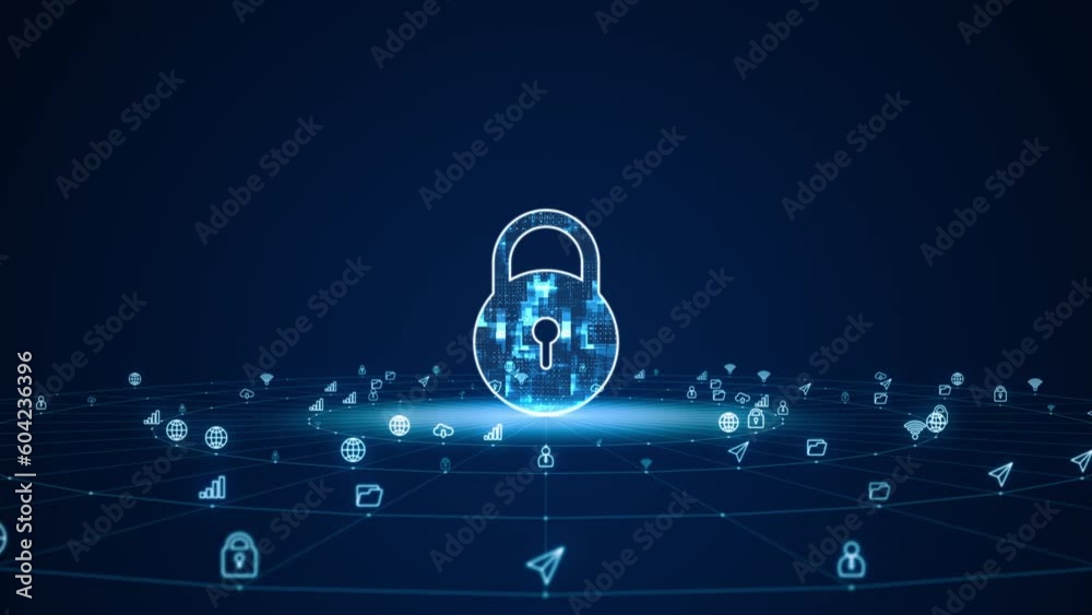 Motion graphic of Blue digital security key logo with futuristic ...