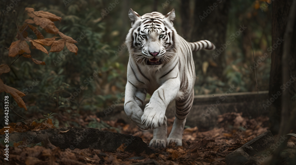 Great white tiger running and jump in the jungle with green plants on ...