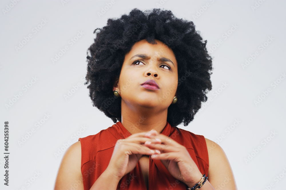 Confused, doubt and woman in studio thinking on mockup, copy space and ...