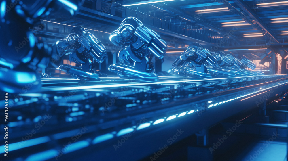 A futuristic assembly line with multiple robots working in unison on a ...