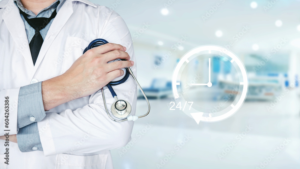 Doctor and 24/7 service icon for assistance patient when accident or ...