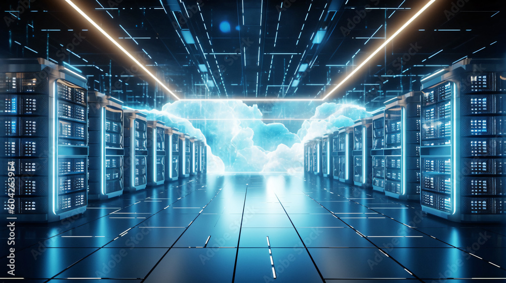 Ilustrace „Amidst the eerie glow of dim lighting, a server room is ...