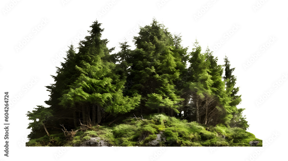 coniferous forest with trees and shrubs isolated on transparent ...