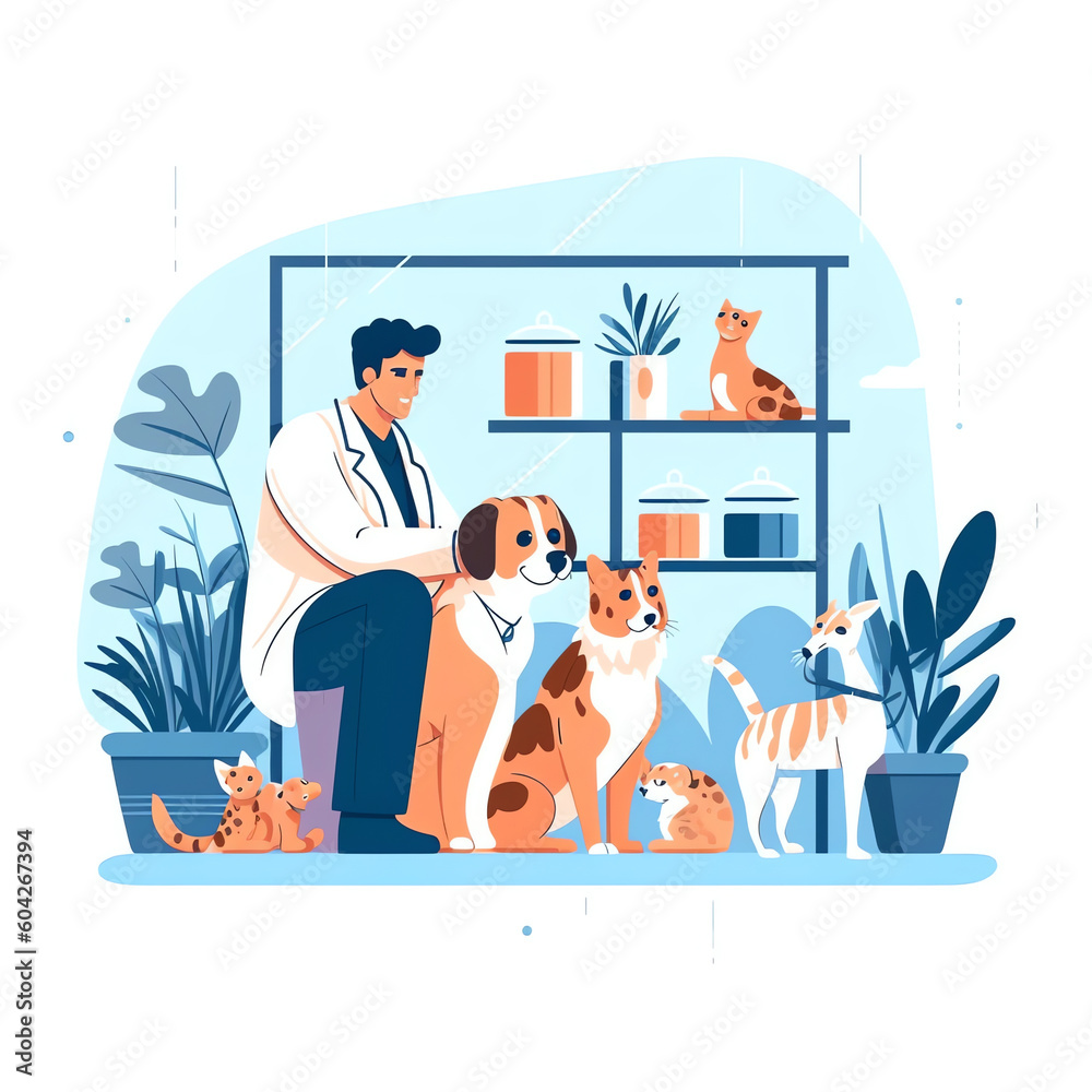 Vet doctor and his assistant examining dogs and cat. Flat vector ...