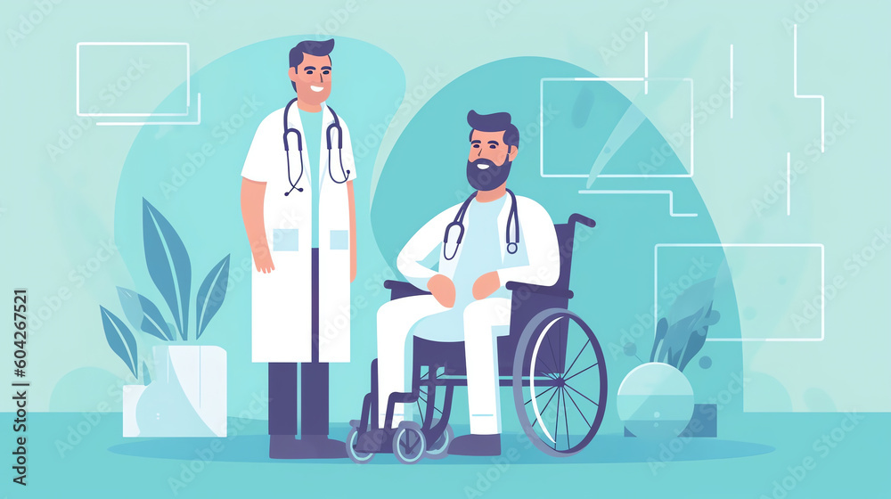 Disabled man sitting in wheelchair. Woman is walking, leaning on ...