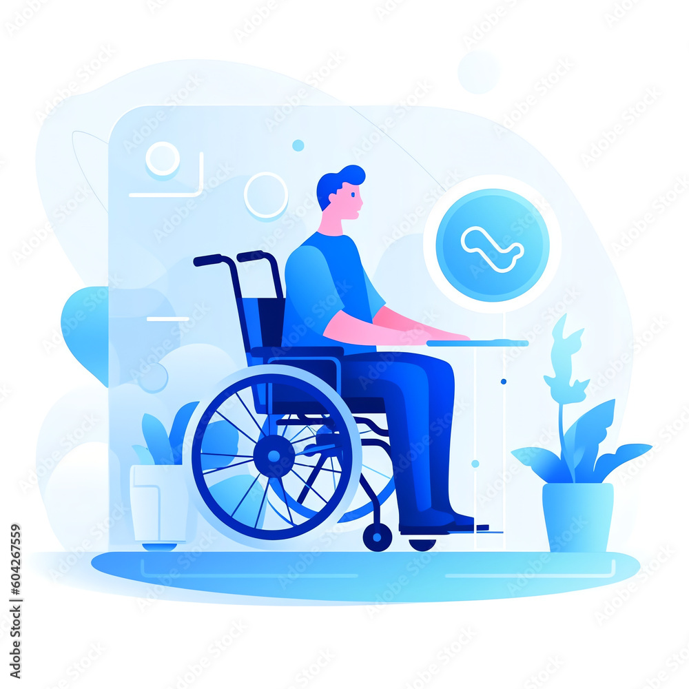 Large set of disabled people in the workplace with a blind man and dog ...