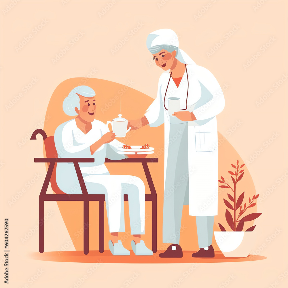 Social workers taking care about seniors people. Vector flat cartoon ...