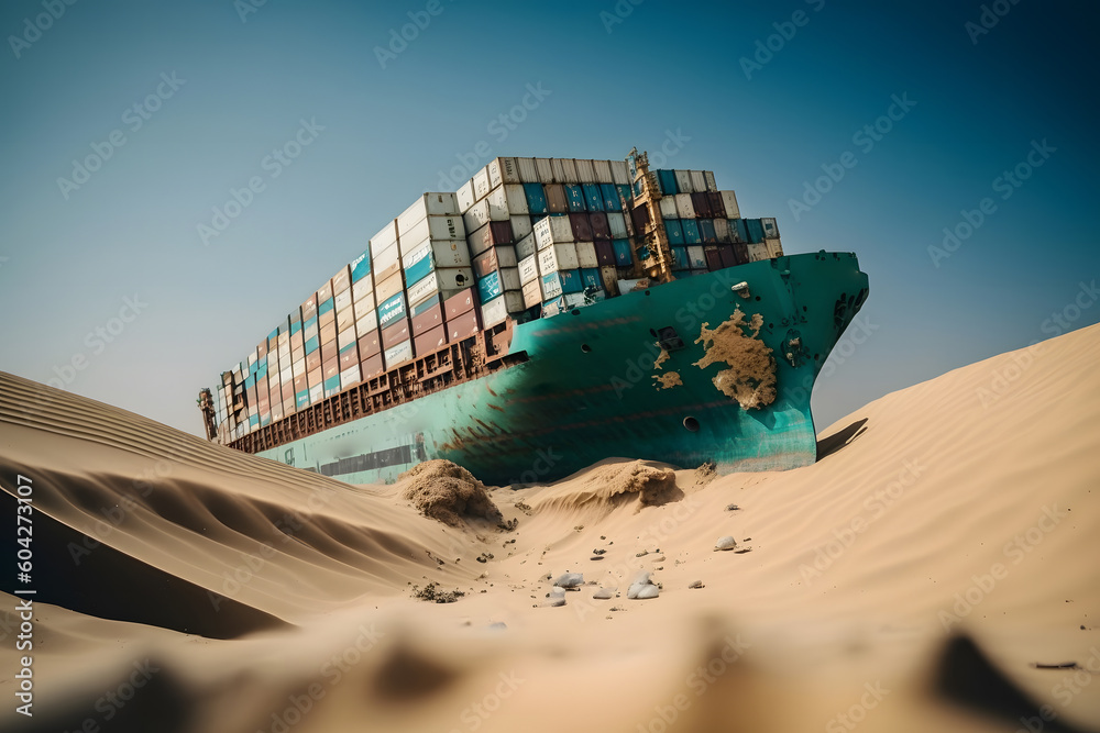 Container cargo ship accident crash sandy canal. Concept Global problem ...