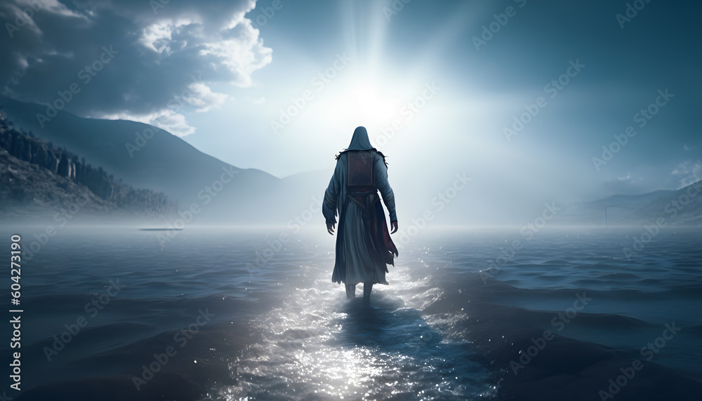 Back view Jesus Christ walking on water with sun light. Biblical Series ...