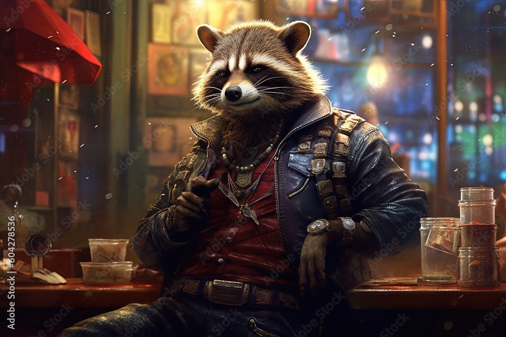 raccoon as gangster leather jacket in neon bar illustration generative ...