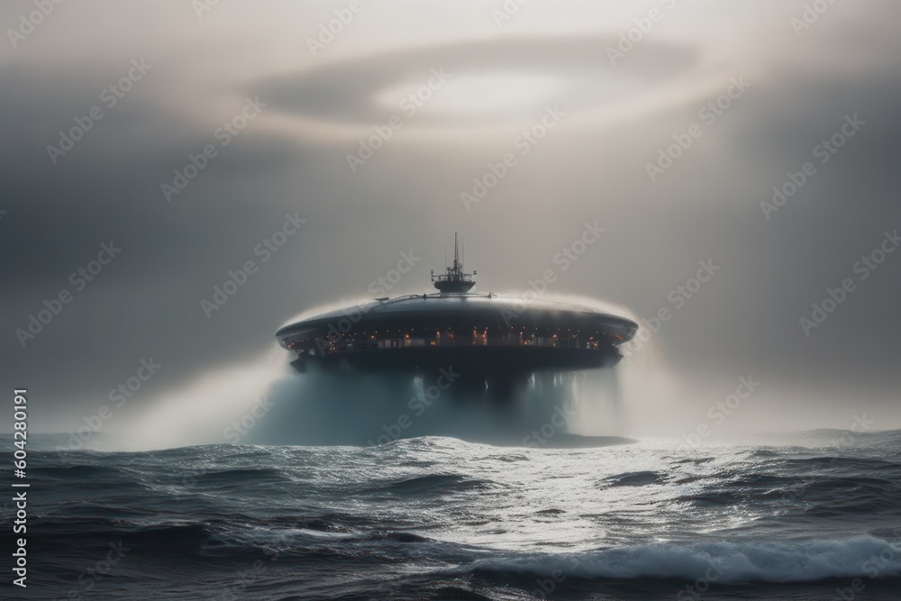 UFO, an alien spaceship with a blue beam of light, takes off from under ...