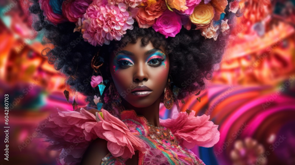 Beautiful black model with hairstyle and in a dress of flowers created ...