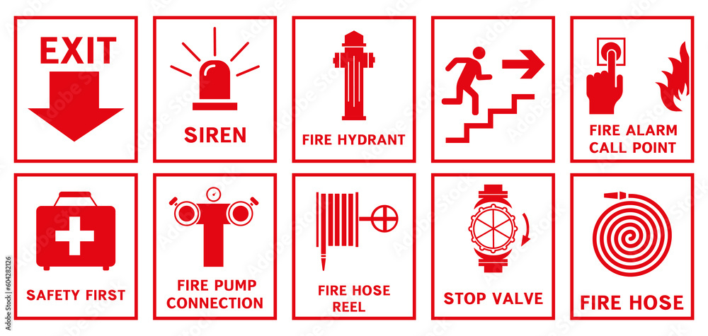 Fire safety sign. Fire warnings and actions. Stock Vector | Adobe Stock