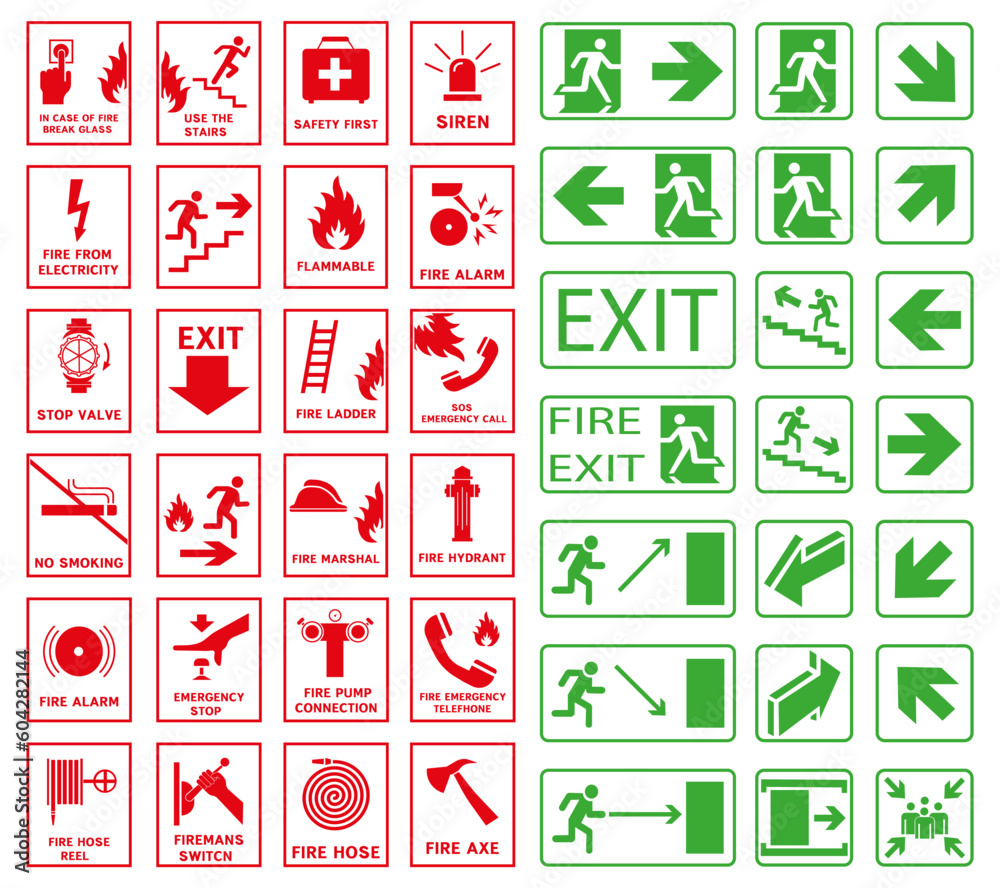 Emergency assembly place, actions in case of fire, first aid symbols ...
