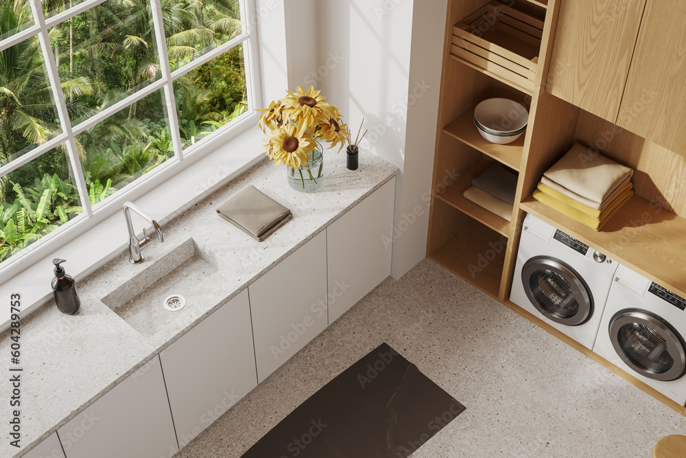 ภาพประกอบสต็อก Modern white laundry room interior, top view ภาพ | Adobe ...