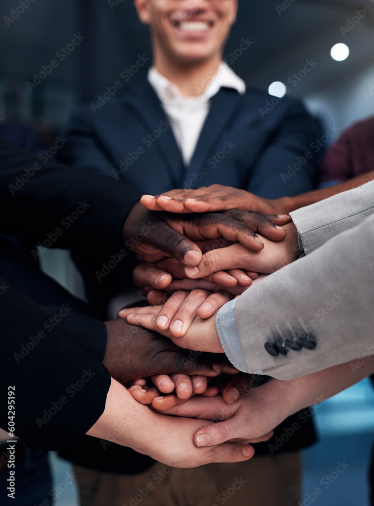Teamwork, support and hands stack of business people in office for ...
