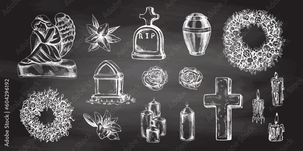 Vetor de Hand drawn set for Funeral service. Vector illustration ...