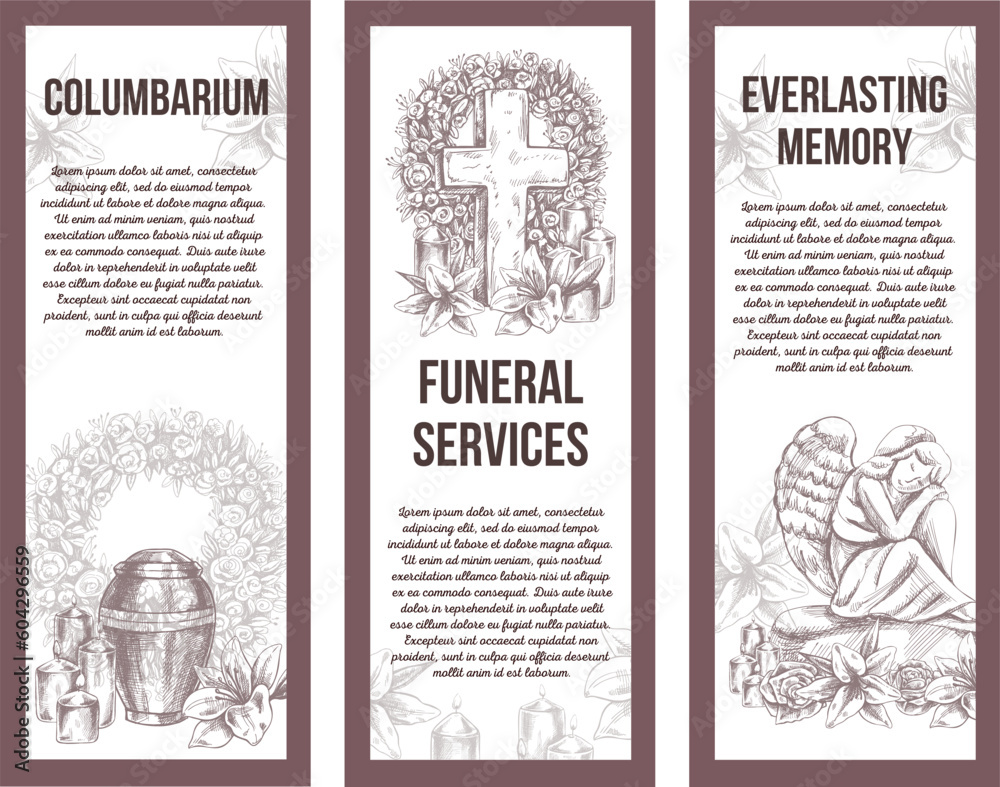 A hand-drawn set of vector funeral service banners. Sketch illustration ...