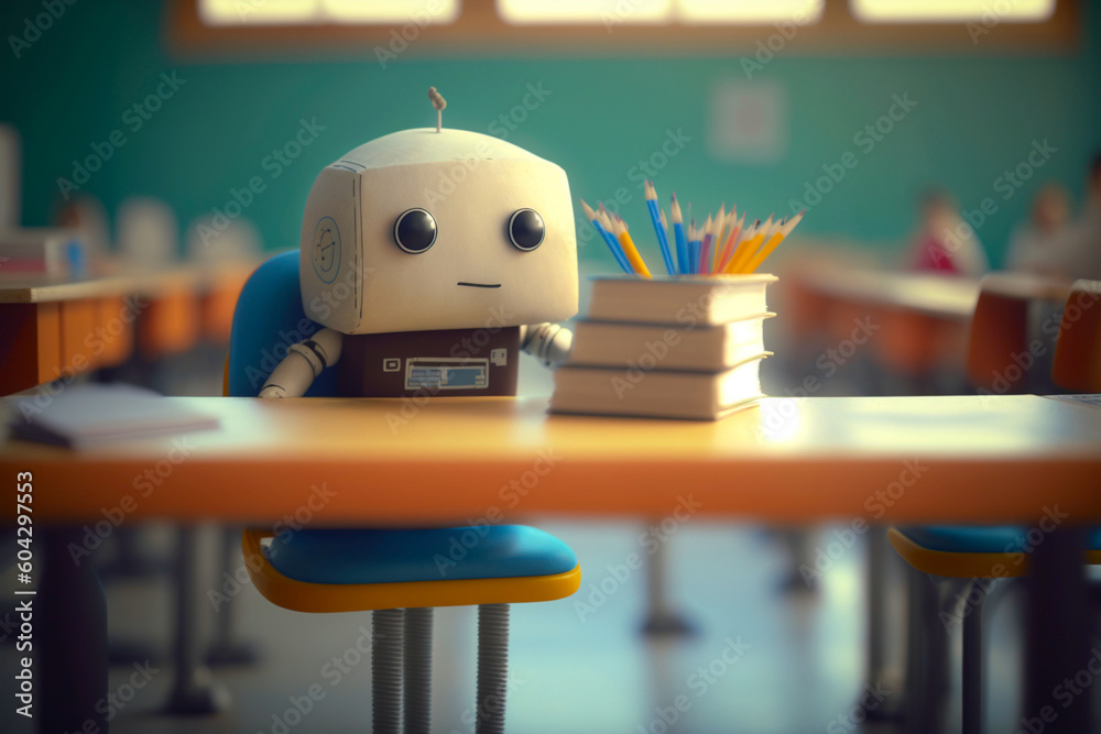Little cute robot at a school lesson at a desk, the concept of ...