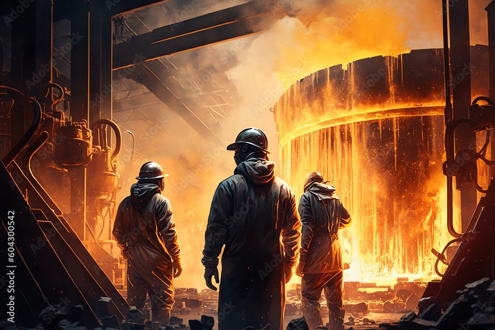 Steel making plant factory. Glow and Sparks produced while pouring of ...