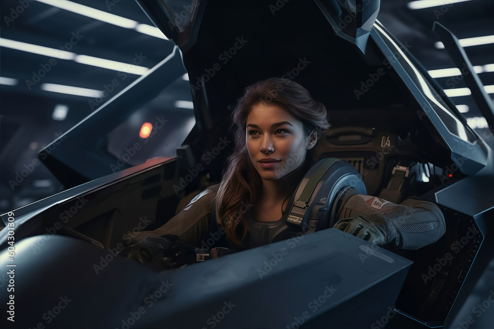 Astronaut woman in cockpit of spaceship. Future sci-fi, science fiction ...